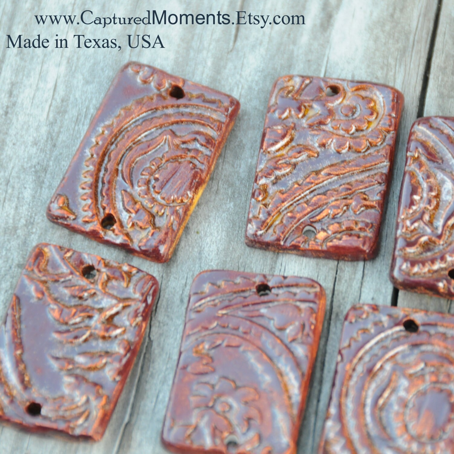 2 Handmade Pottery Beads With a Paisly Pattern With Unglazed Backs for ...