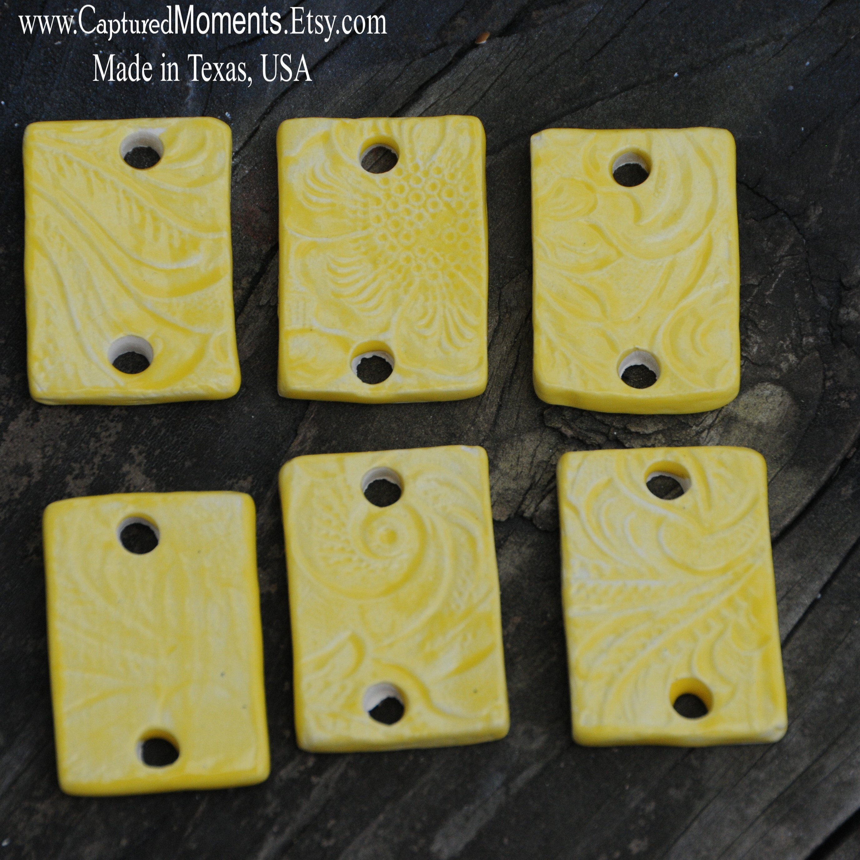 2 Handmade Pottery Beads With a Floral Pattern in Bright Yellow With Un ...