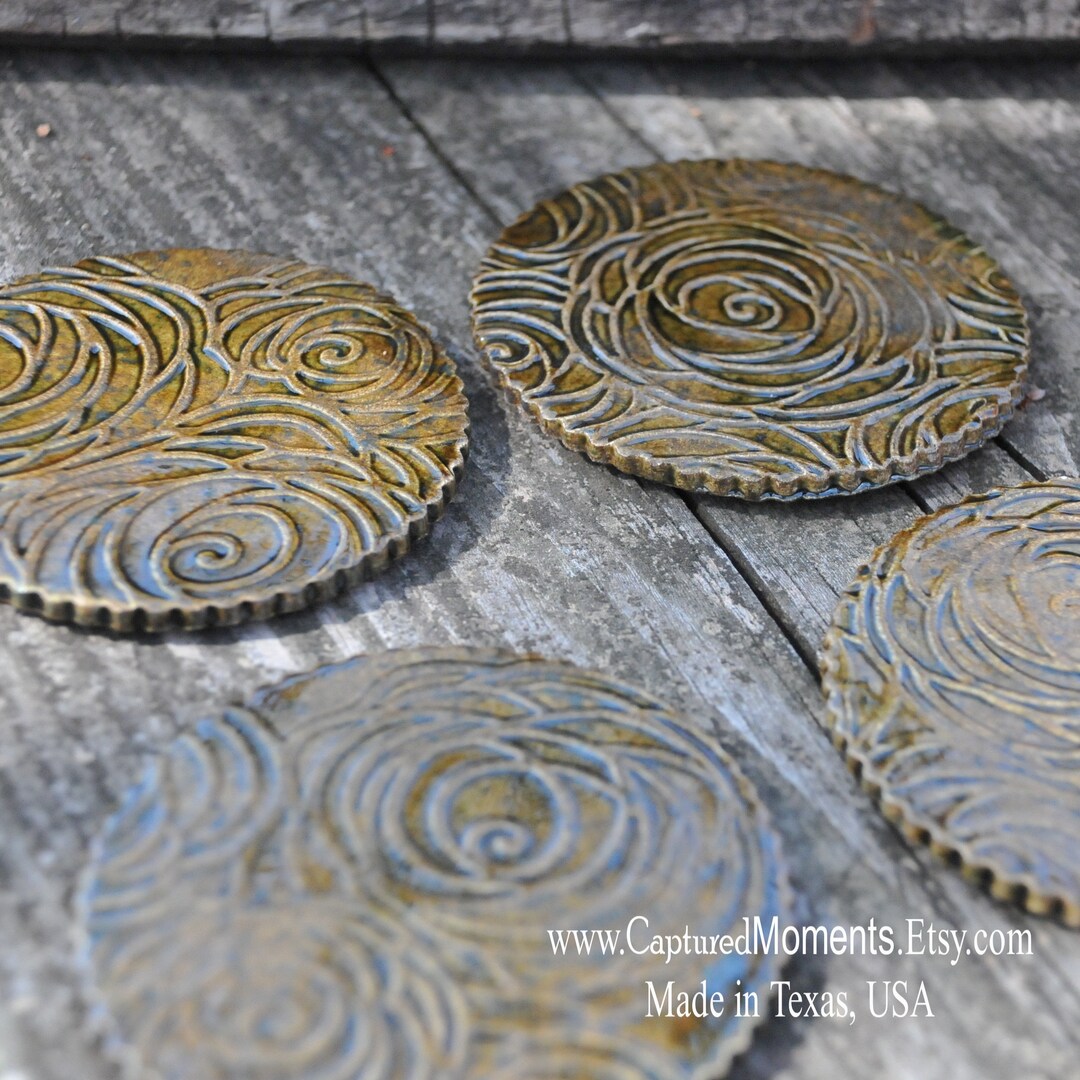 Handmade Pottery Coasters Set of 4 in a Rare Brown With a Floral Design ...