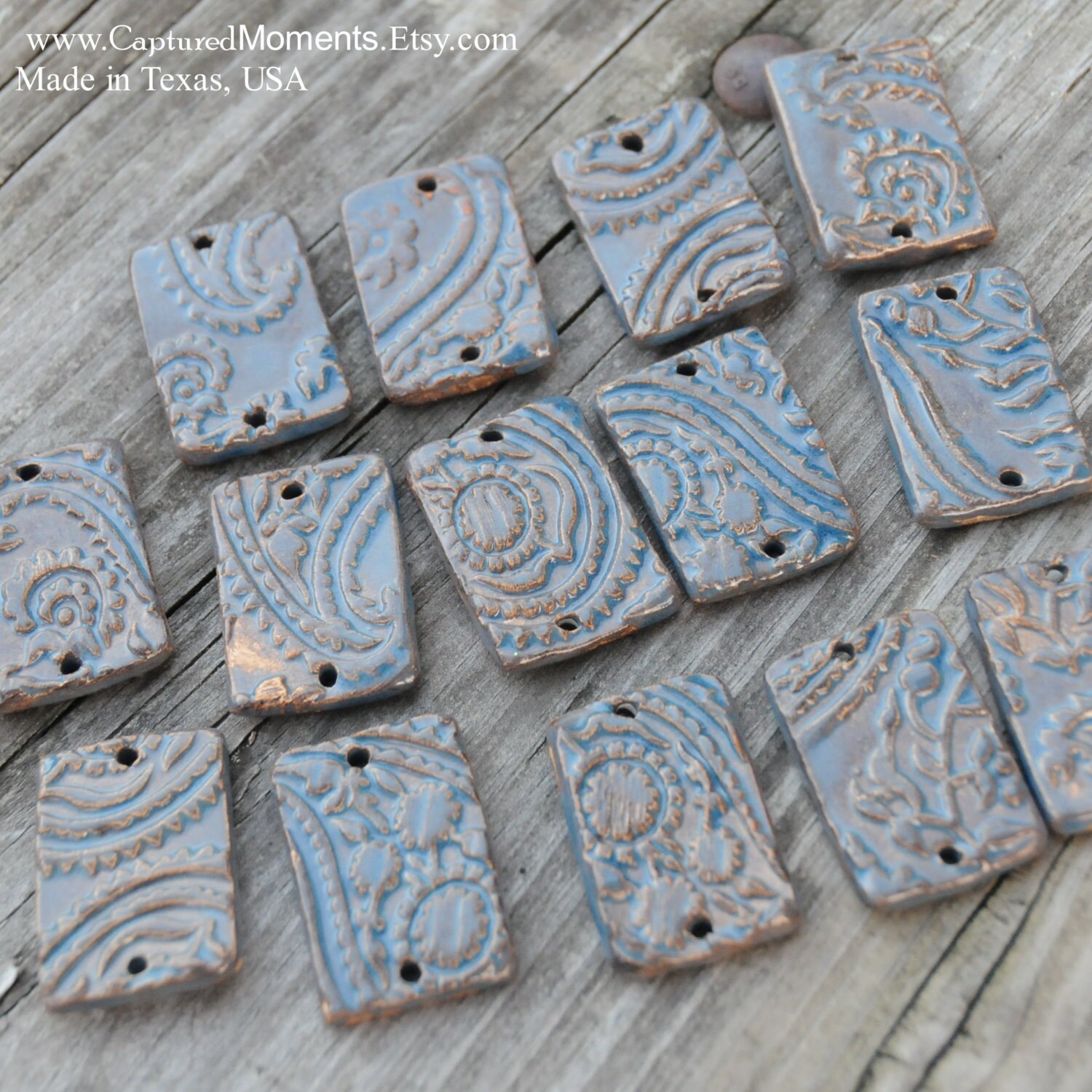 2 Large Rectangle Flat Beads in Blue Grotto With Paisley Pattern - Etsy