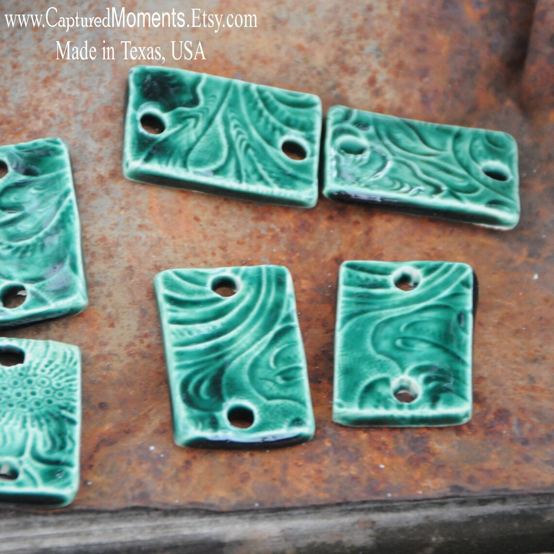 2 Handmade Pottery Beads With a Floral Pattern in Emerald Green With Un ...