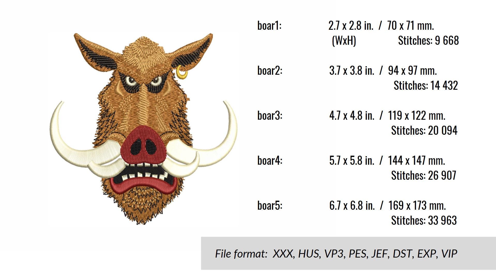 Wild Boar Embroidery Design. 5 Sizes. Fierce Boar Head With Tusks and ...