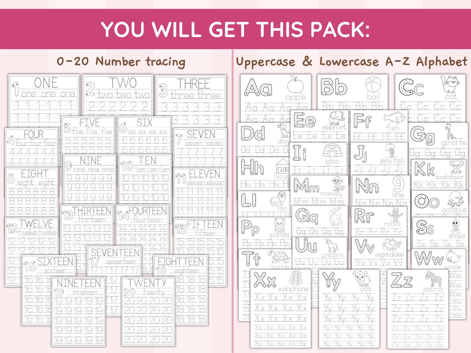 Number Alphabet Tracing Worksheets, ABC Pre Handwriting Practice, 0-20 ...