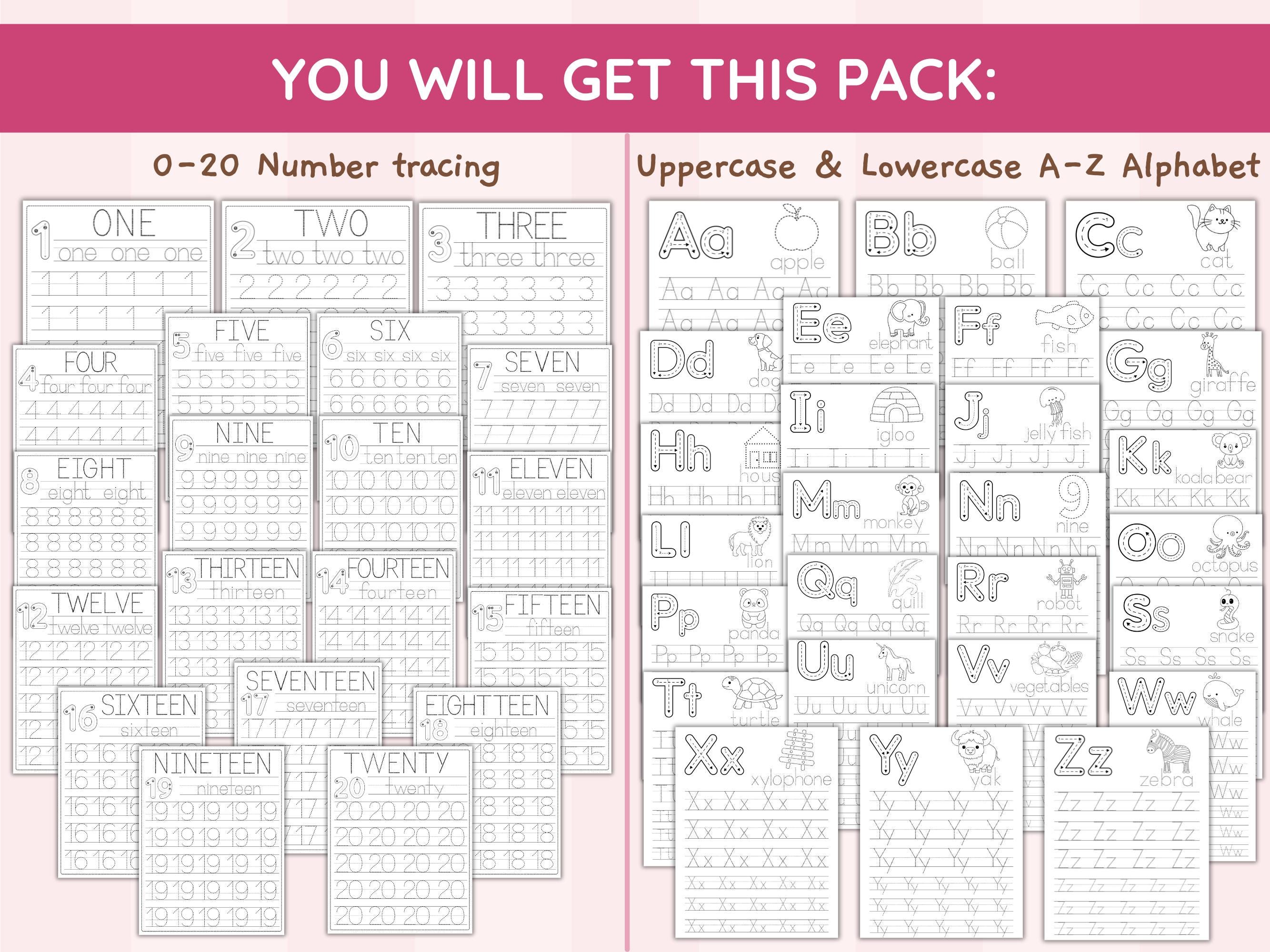 Number Alphabet Tracing Worksheets, ABC Pre Handwriting Practice, 0-20 ...