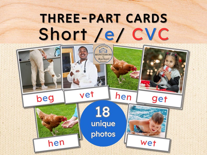 Montessori CVC Card Short Vowel E Reading Activity Homeschool Printable ...