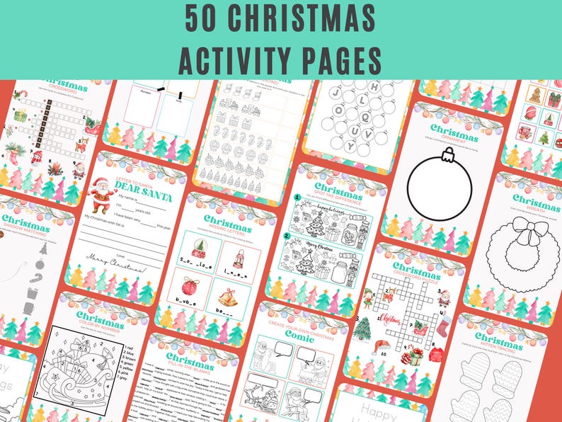 50 Kids Christmas Activity Printable Pages | Colorful Holiday Themed ...