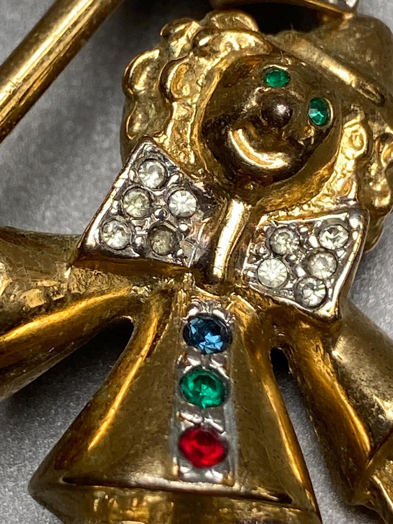 Signed Puccini 1970s Gold Tone and Sparkly Diamante Clown With Umbrella ...