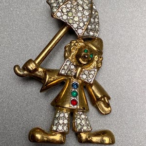 Signed Puccini 1970s Gold Tone and Sparkly Diamante Clown With Umbrella ...