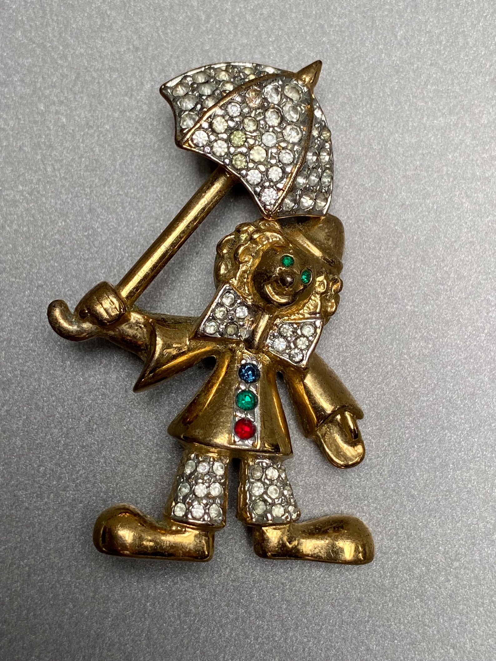 Signed Puccini 1970s Gold Tone and Sparkly Diamante Clown With Umbrella ...