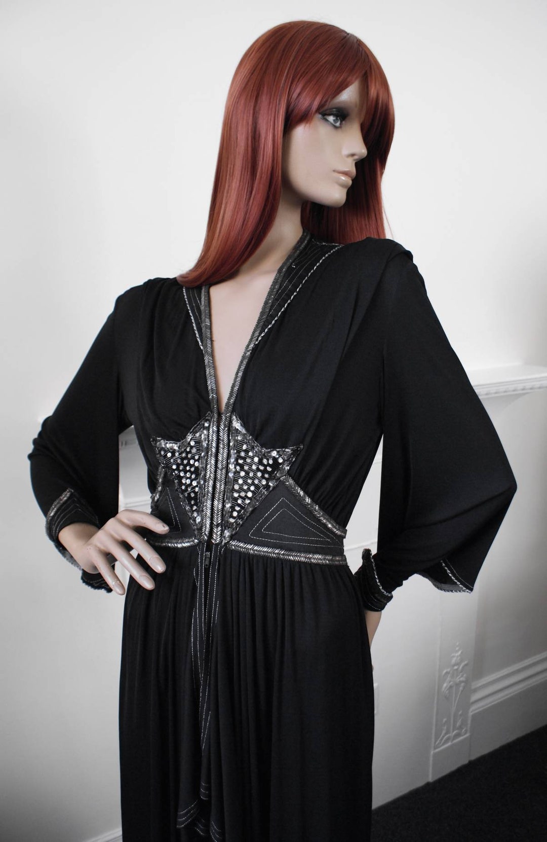 Marisa Martin Sequin & Bead Black Rayon Jersey 1970s Vintage Draped ...