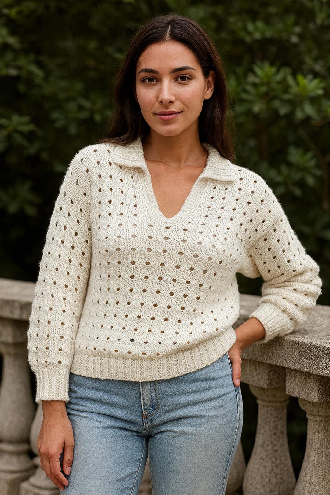 Crochet Sweater Pattern PDF: Women's Eyelet Polo With V-neck - Etsy