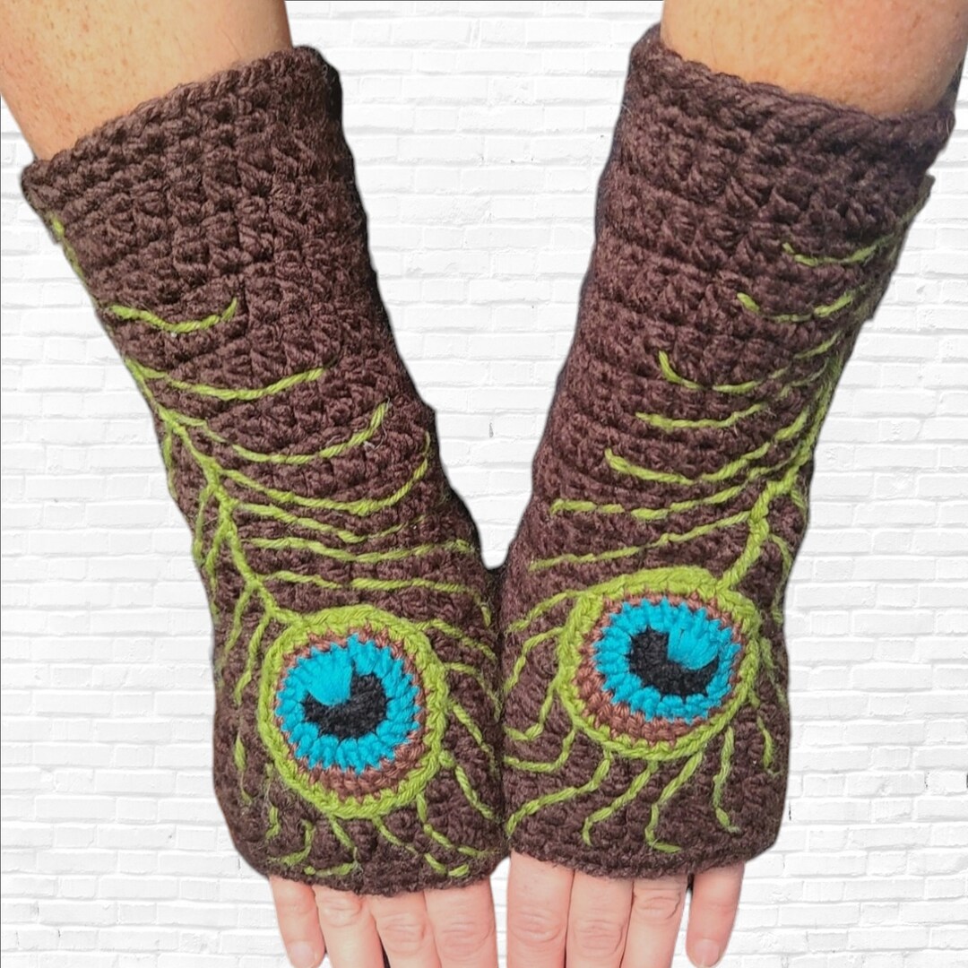 Fingerless Gloves With Embroidered Peacock Feathers, Wool Arm Warmers for Women, Texting Gloves ...
