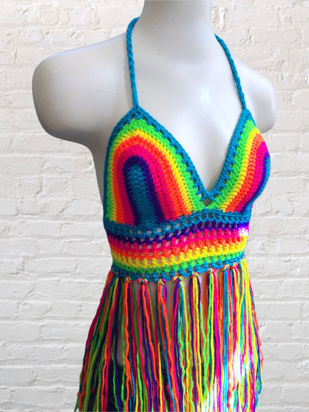 Neon Rainbow Crochet Bikini Top With Fringe, Outfit for Festival ...