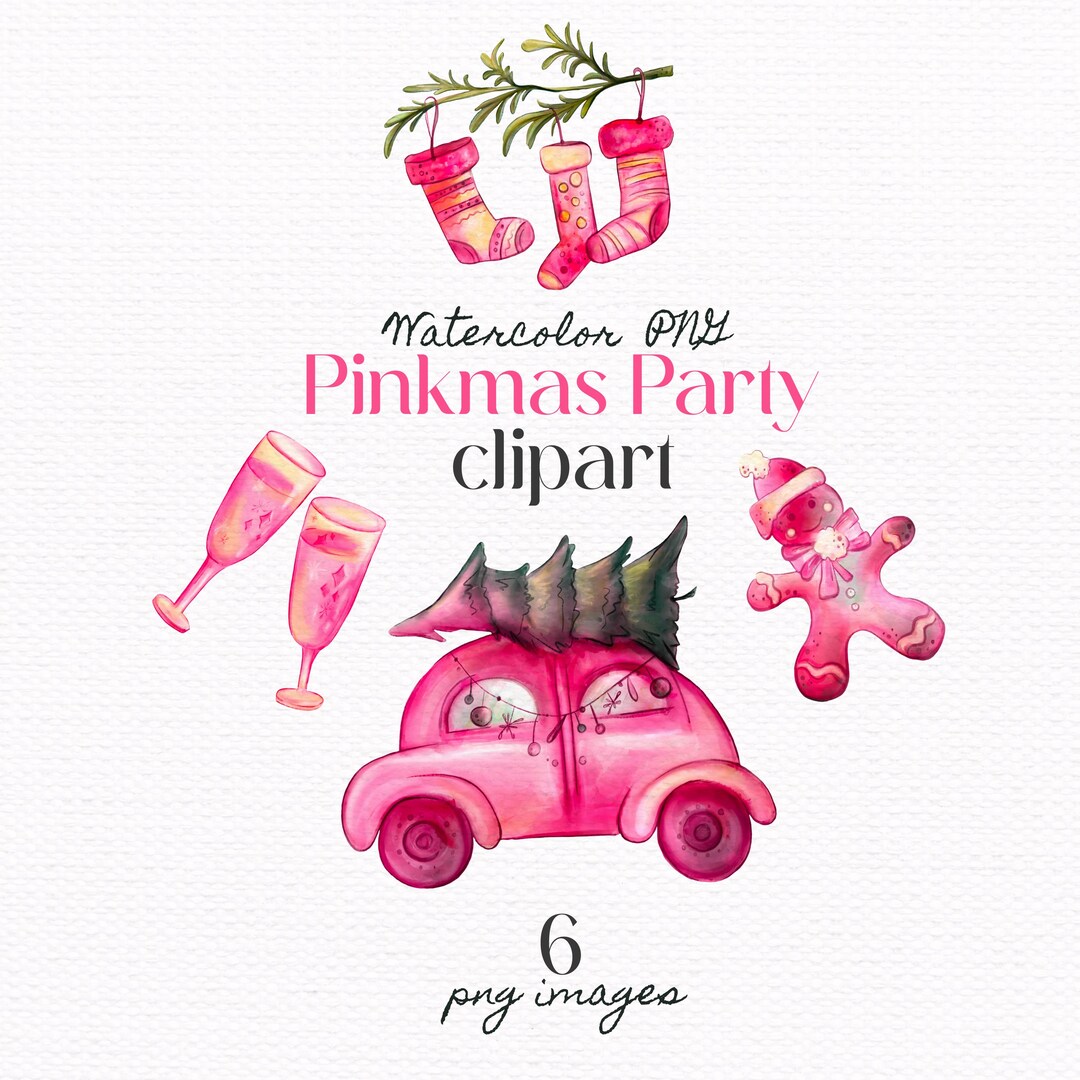 Watercolor Pinkmas Clipart Set, Girly Party Art: Xmas Tree, Socks, Car ...