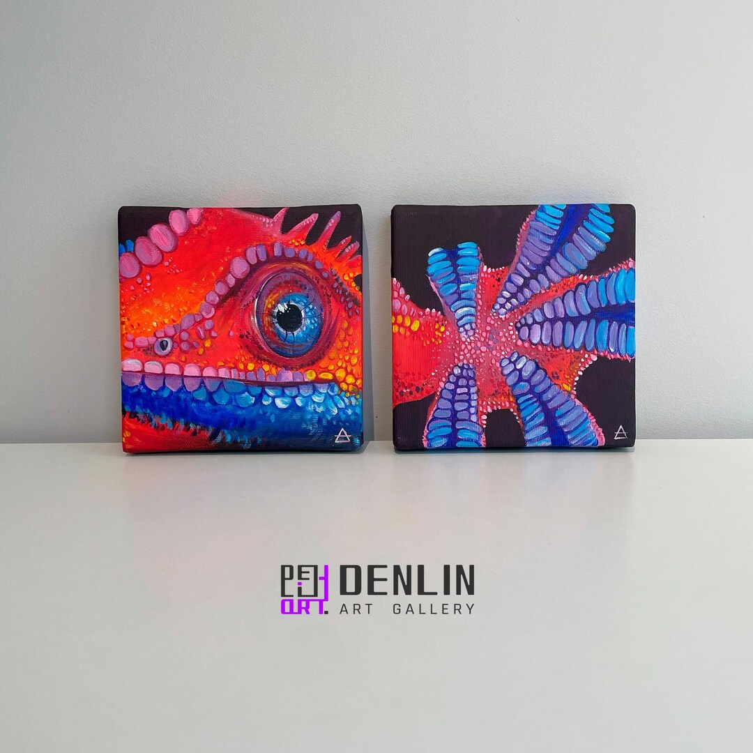 Diptych Chameleon Lizard Painting Abstract Acrylic Painting Colorful ...