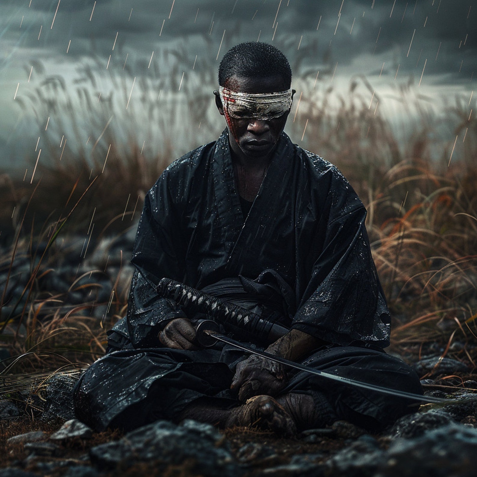 Samurai Warrior in the Rain Canvas Print, Dramatic Art, Martial Arts ...