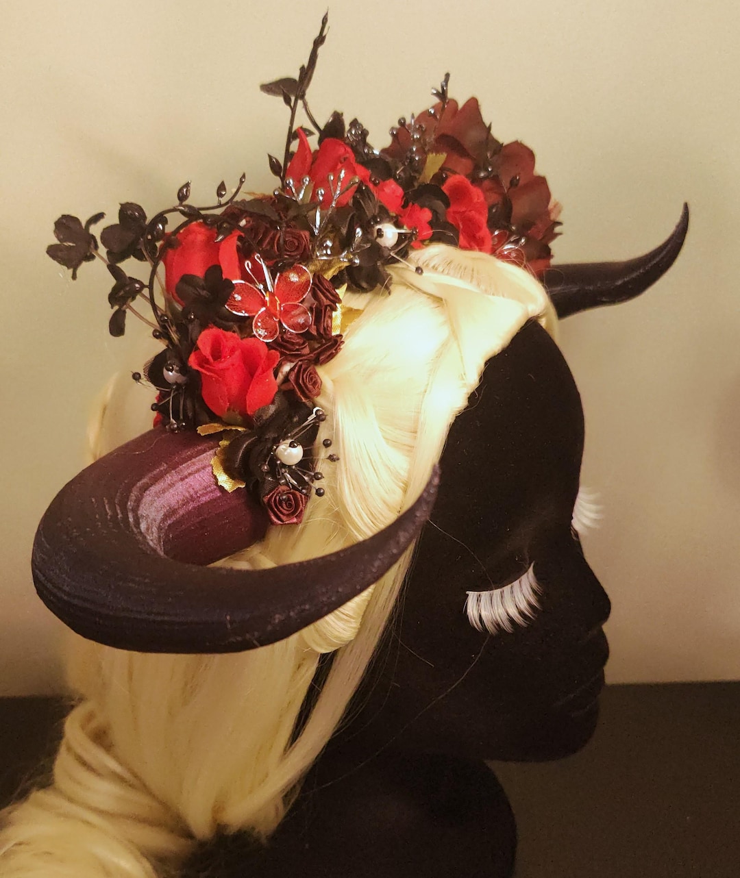 Bull Horns Red Black Gold Silk Flowers, Taurus Cosplay Costume 3d ...