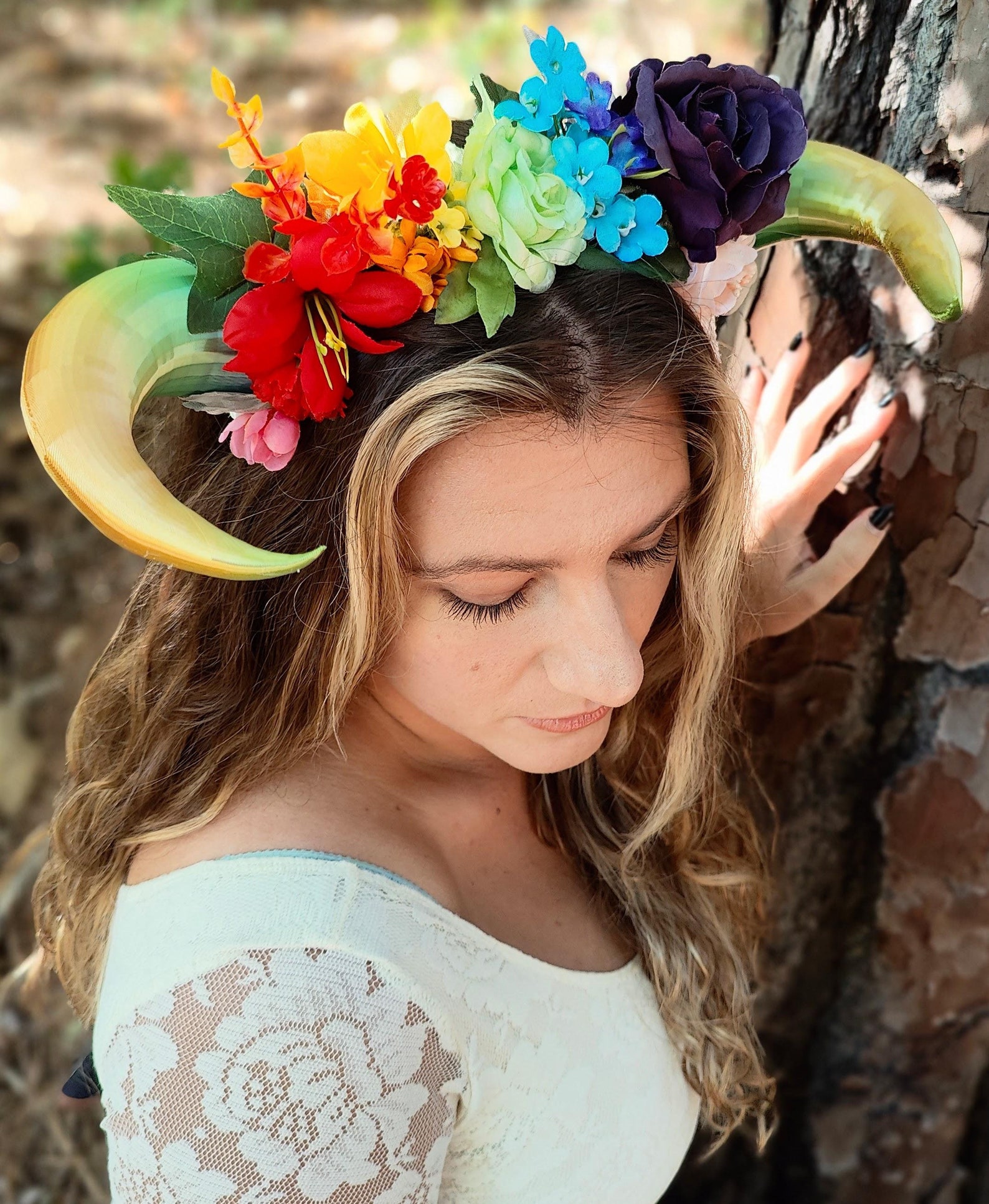 Rainbow Bull Horns Flower Crown Rainbow Silk Flowers, Rainbow Woodland ...