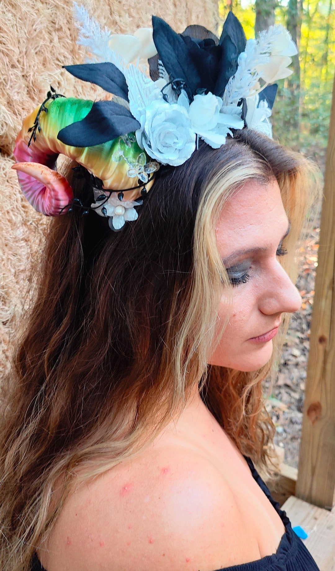 Ram Horns Black and White Flower Crown, Rainbow Horns Woodland Tiara ...