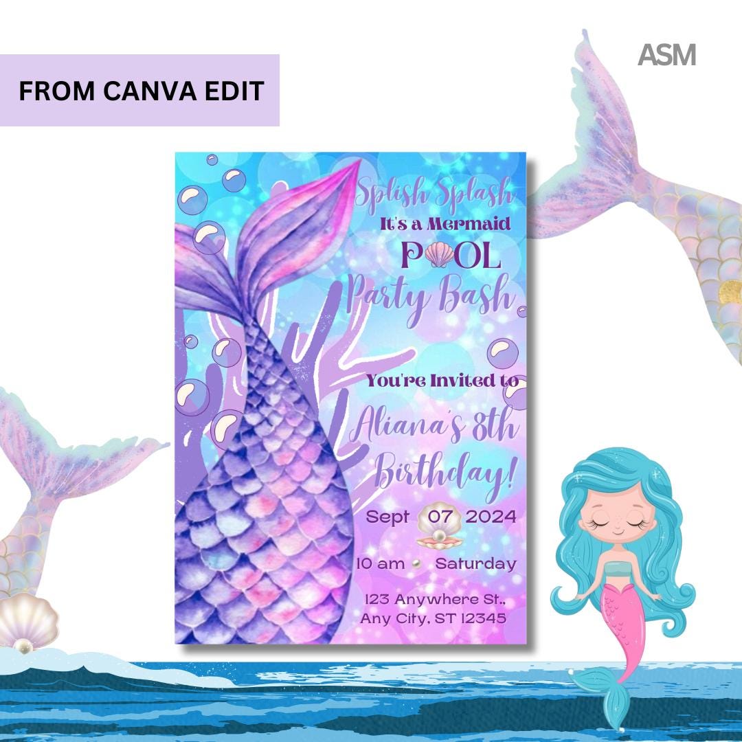 Editable Mermaid Undersea Invitation Card Digital and Online Magical ...