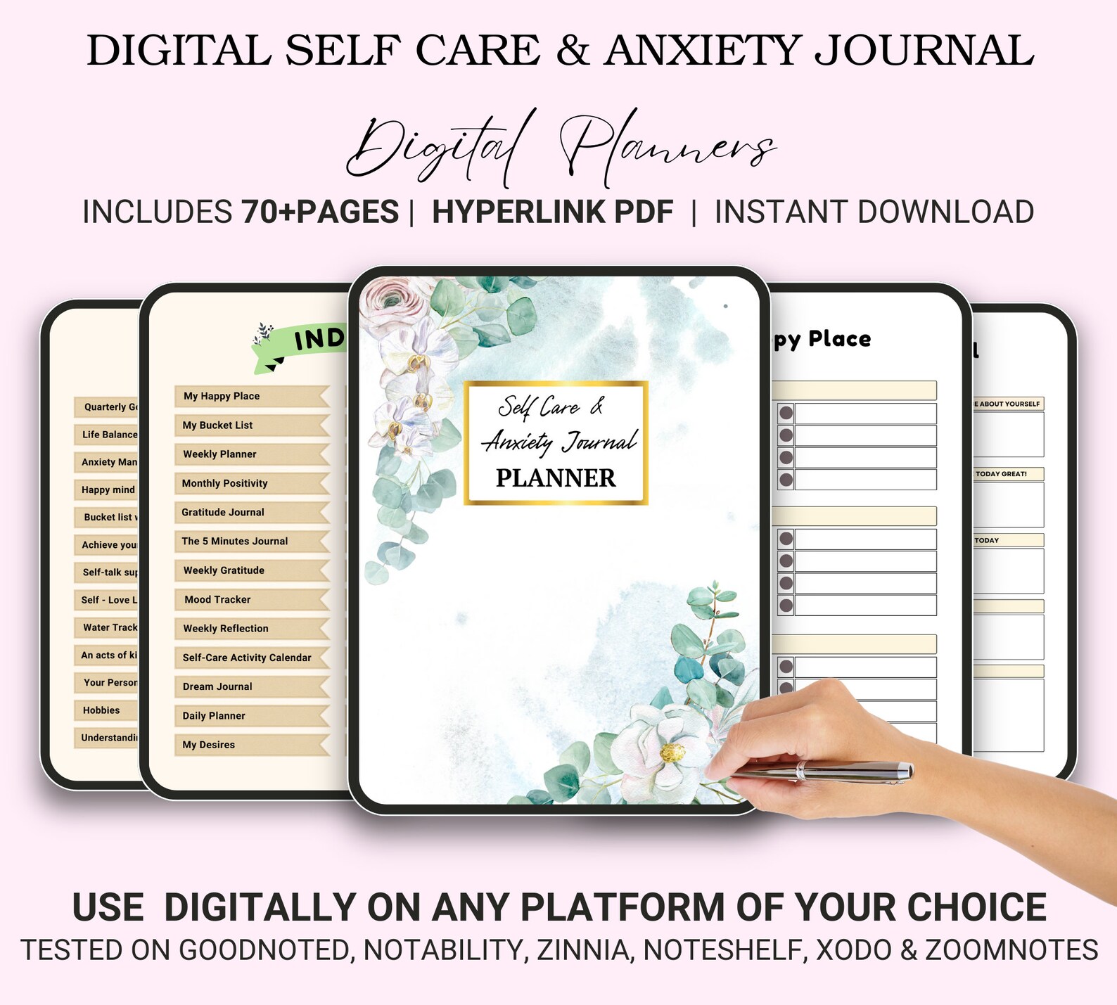 Digital Self Care & Anxiety Journal, Hyperlink Self Care Planner ...