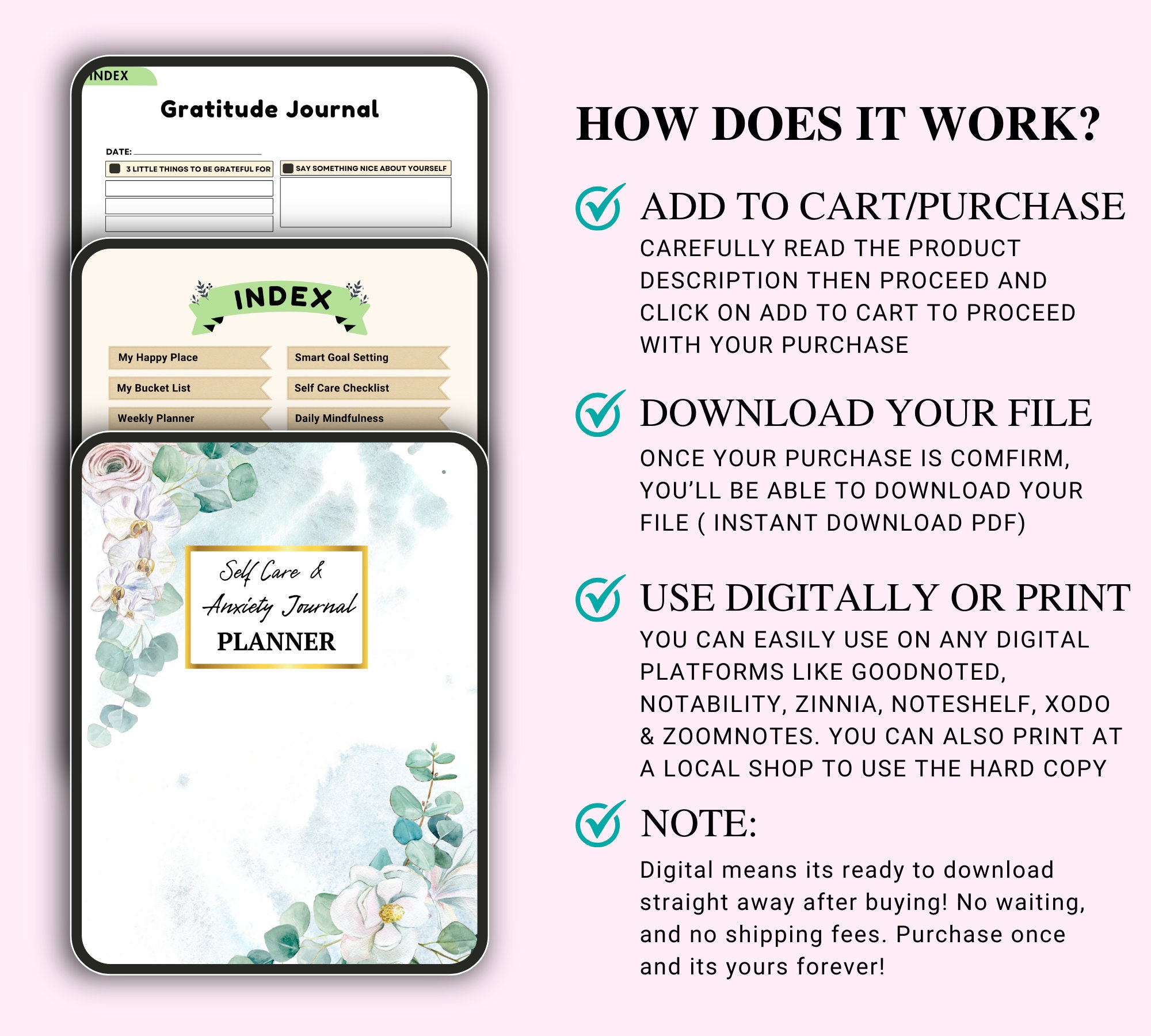Digital Self Care & Anxiety Journal, Hyperlink Self Care Planner ...