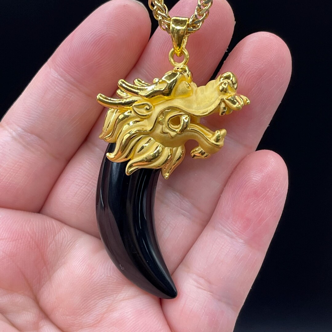 24k Real Gold Dragon Head & High-quality Black Onyx Claw Shape Necklace ...