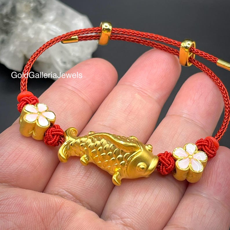 24K Gold Koi Fish Bracelet With Cherry Blossom Charms - Elegant Red ...