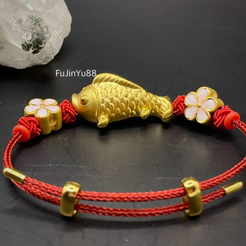 24K Gold Koi Fish Bracelet With Cherry Blossom Charms - Elegant Red ...