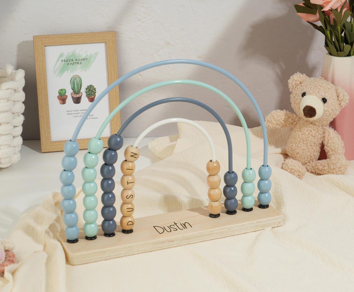 Personalized Rainbow Abacus, Montessori Wooden Baby Toy, Engraved ...