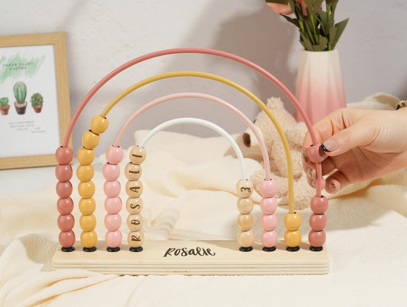 Personalized Rainbow Abacus, Montessori Wooden Baby Toy, Engraved ...