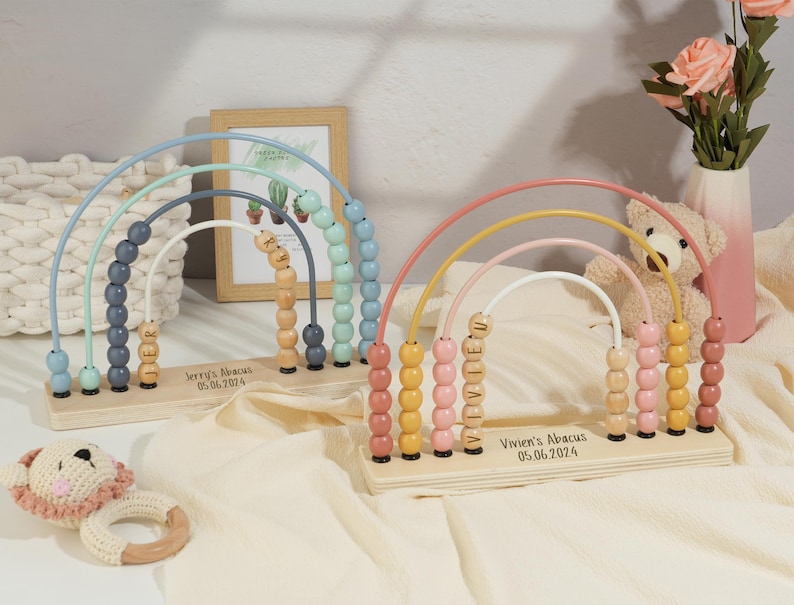 Personalized Rainbow Abacus, Montessori Wooden Baby Toy, Engraved ...