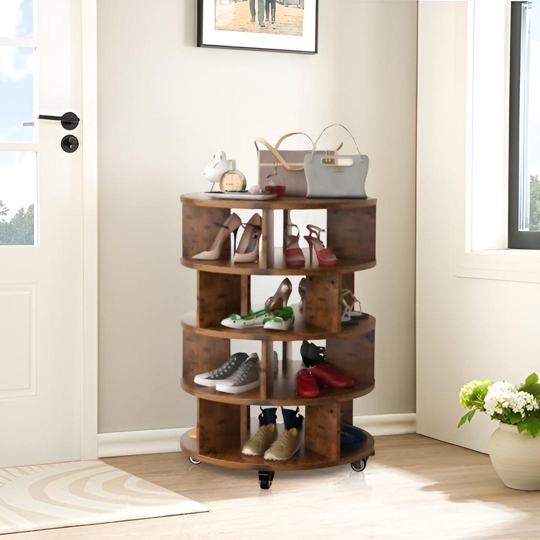 Wooden Rotating Shoe Rack With Wheels Shoe Rack Entryway Shoe Bench ...