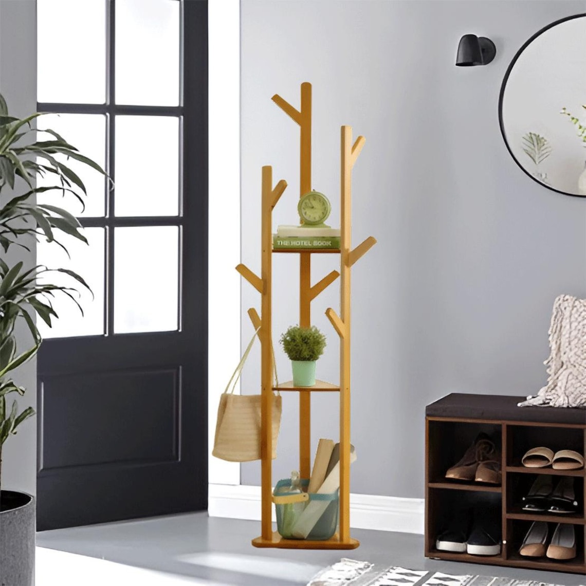 Wood Tree Coat Rack With 10 Hooks Coat Hanger Standing Coat Rack Modern ...