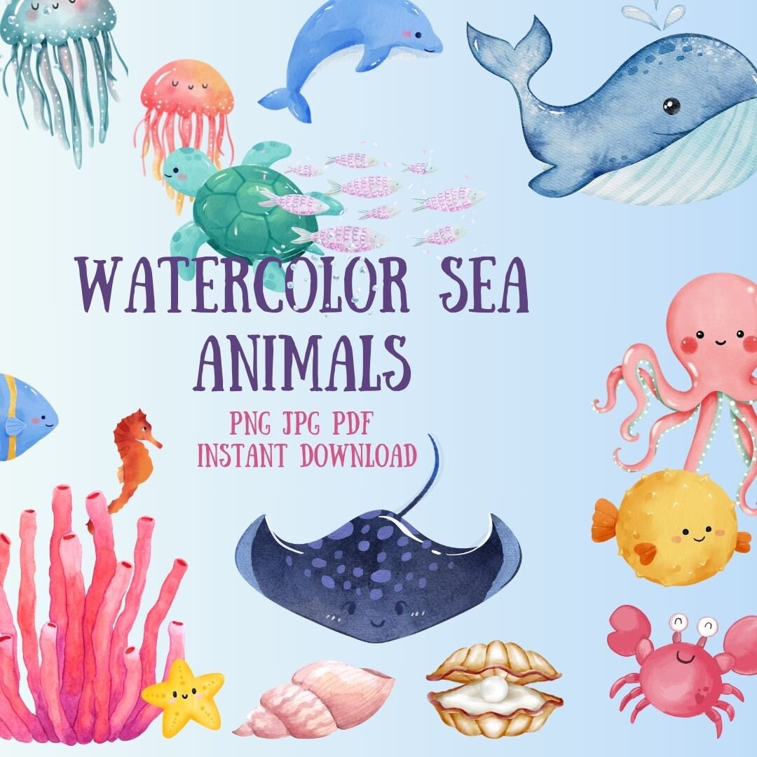 Watercolor Ocean Creatures, Hand Painted Sea Animals, Instant Download ...