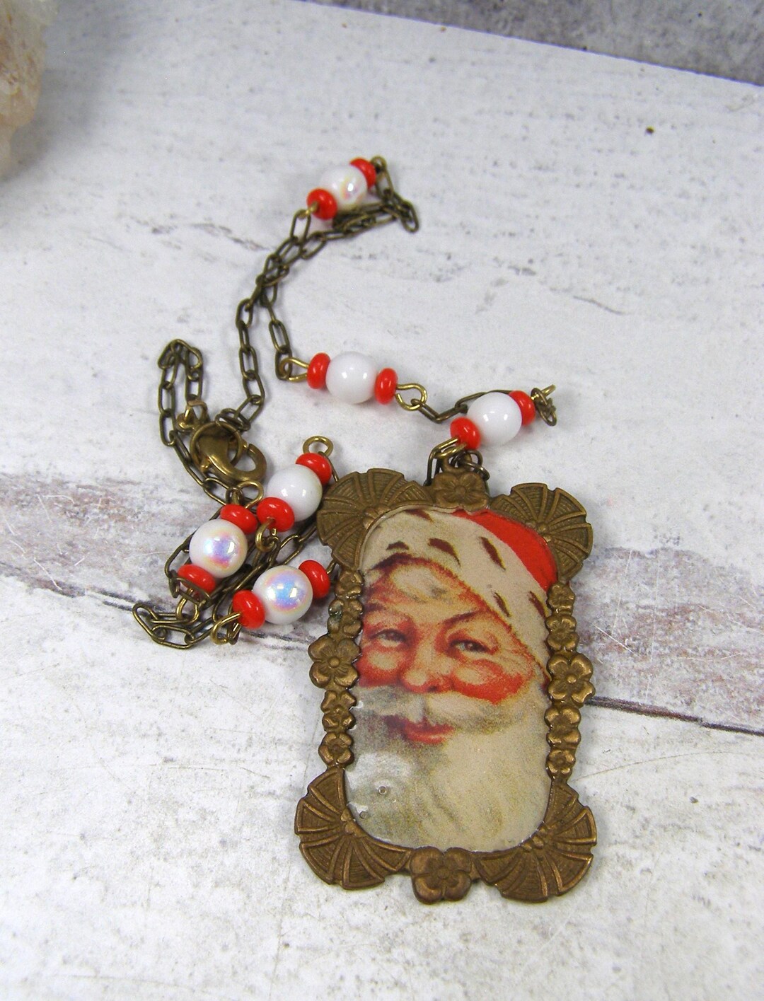 1950s Style Jolly Santa Necklace Old World Christmas Pendant Vintage ...