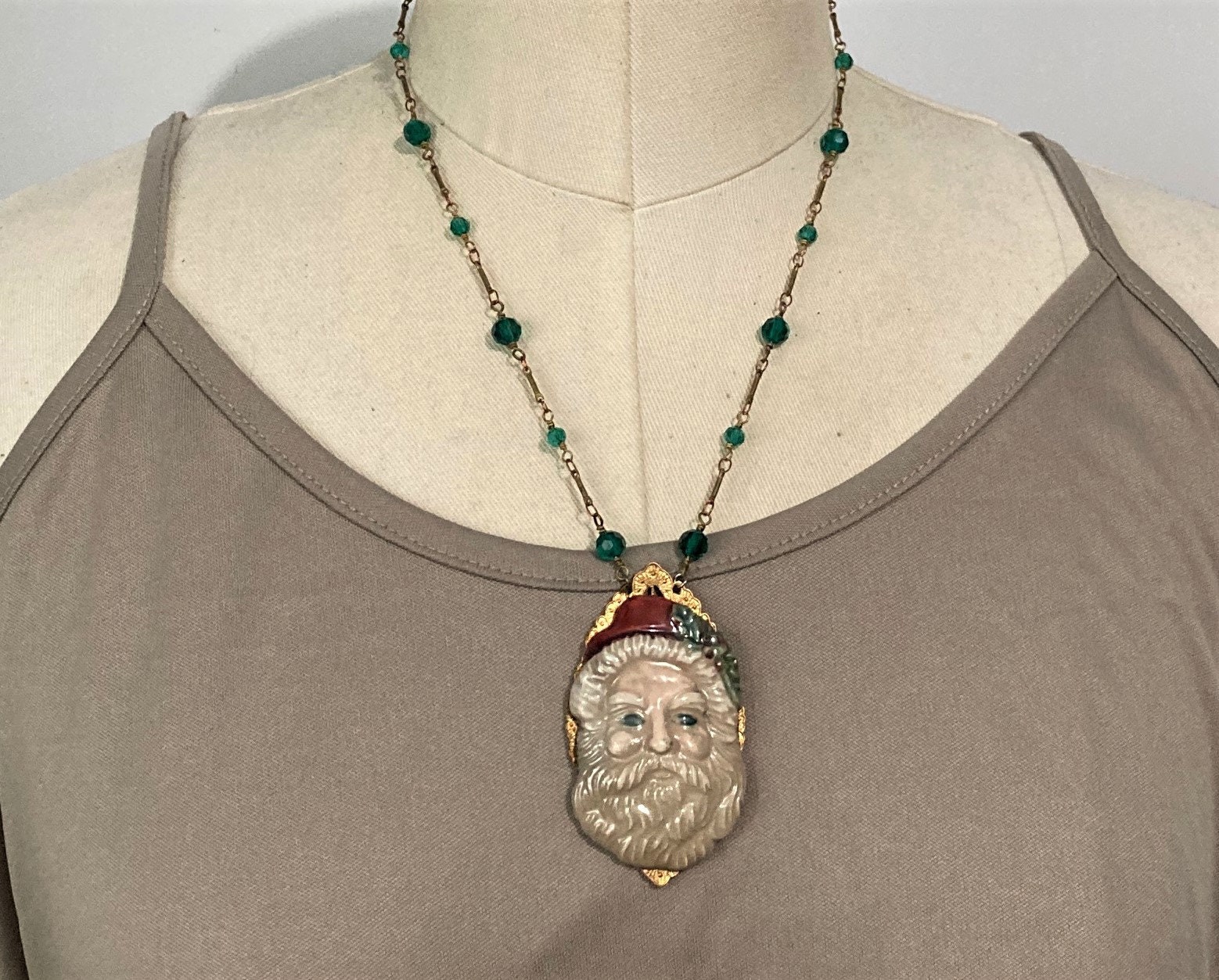 Santa Necklace Victorian Style Santa With Holly Leaves Red - Etsy