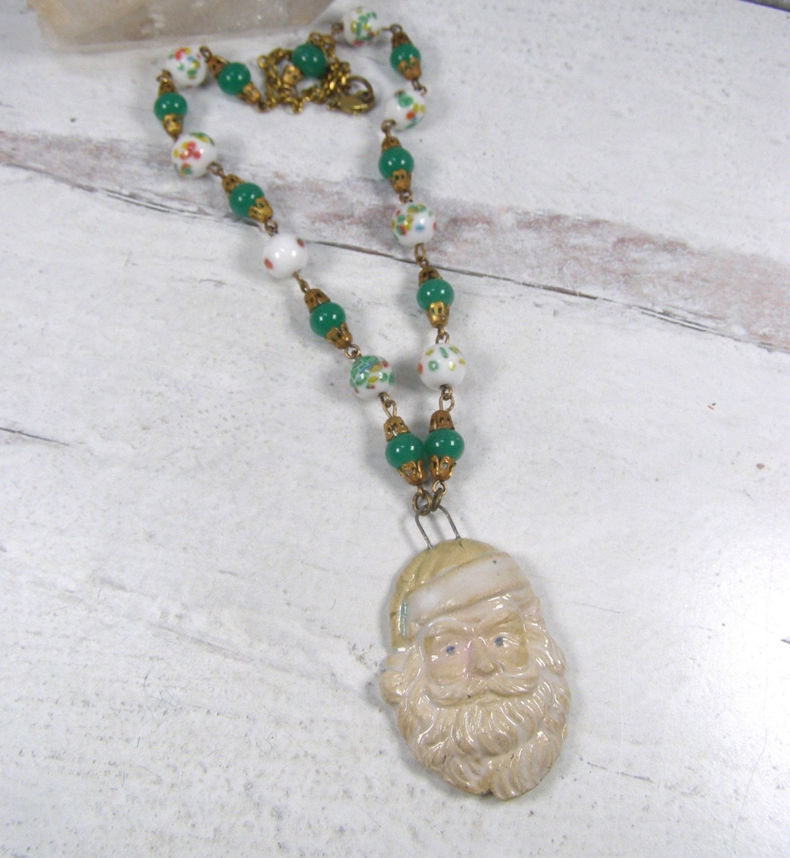 Victorian Style Rustic Santa Necklace Vintage Red Green Wite - Etsy