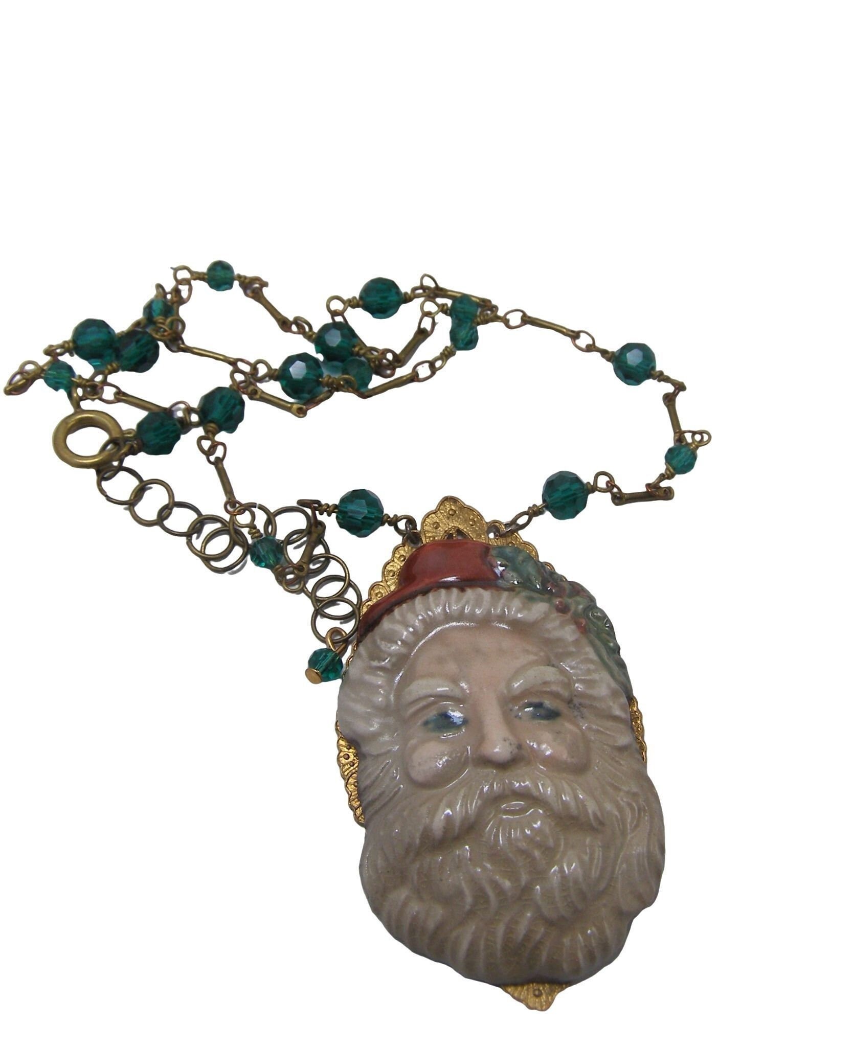 Santa Necklace Victorian Style Santa With Holly Leaves Red - Etsy