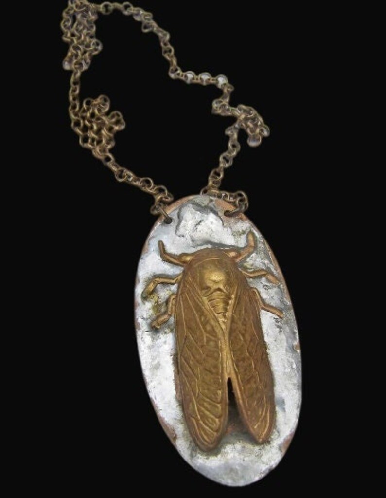 Brass Cicada Necklace Insect Jewelry - Rustic Soldered Mixed Metals ...