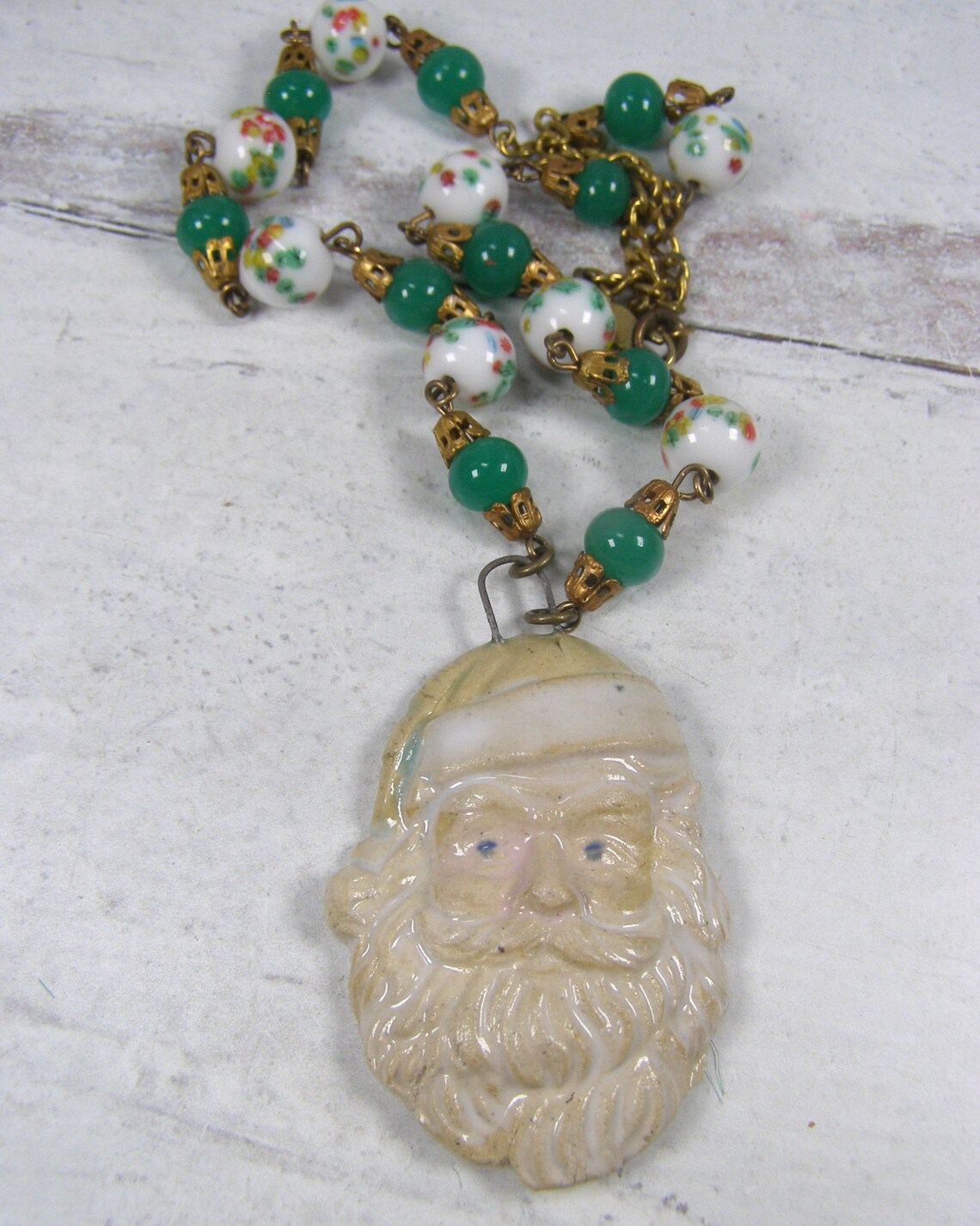 Victorian Style Rustic Santa Necklace Vintage Red Green Wite - Etsy