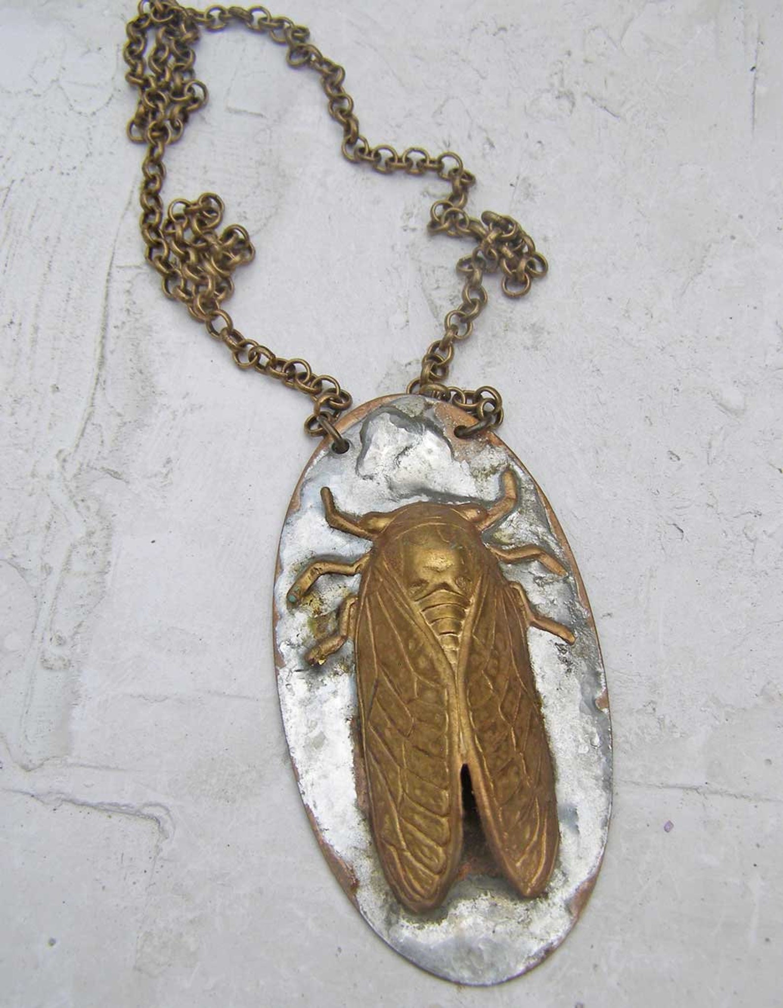 Brass Cicada Necklace Insect Jewelry - Rustic Soldered Mixed Metals ...