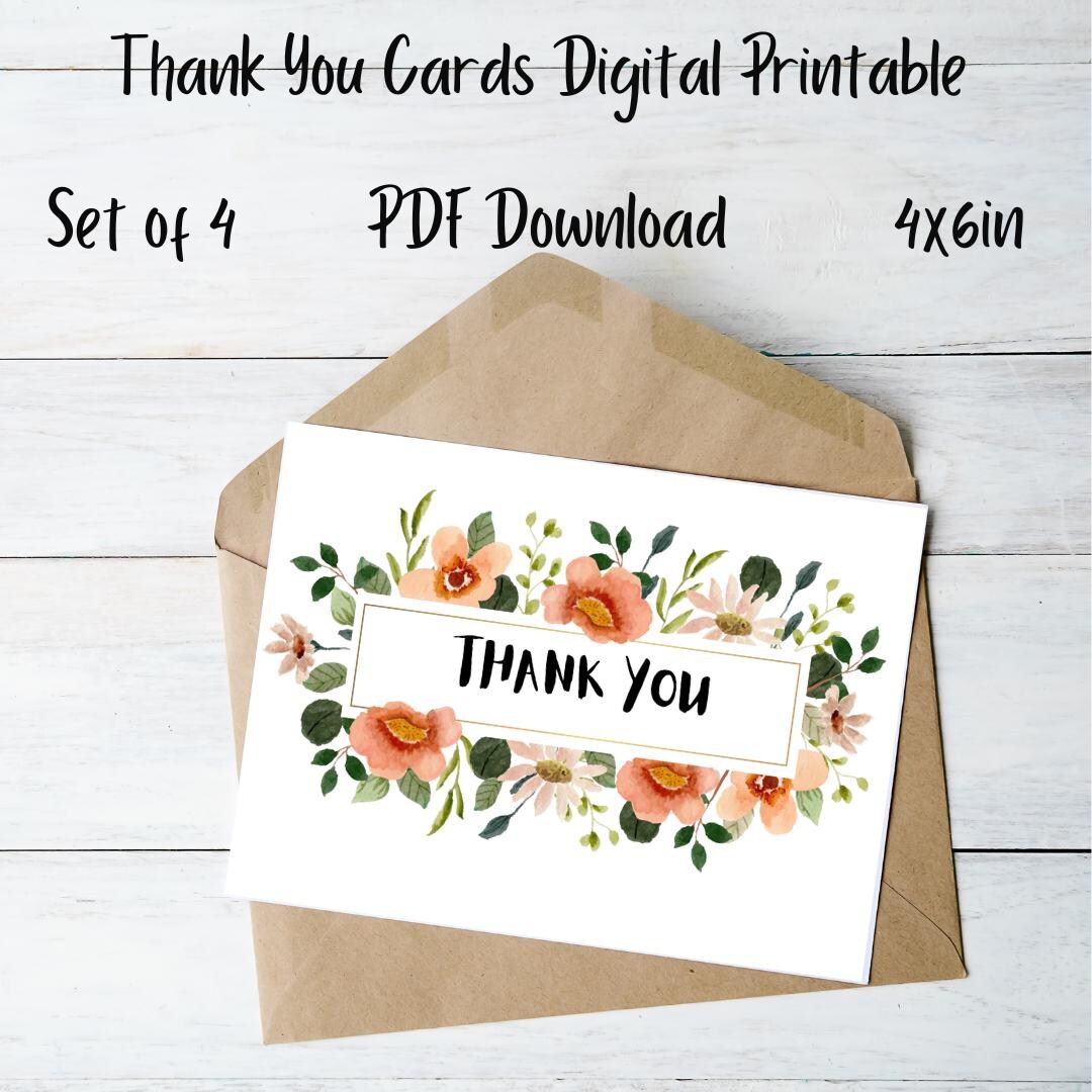 Floral Thank You Cards Digital Printable - Set of 4 - Etsy