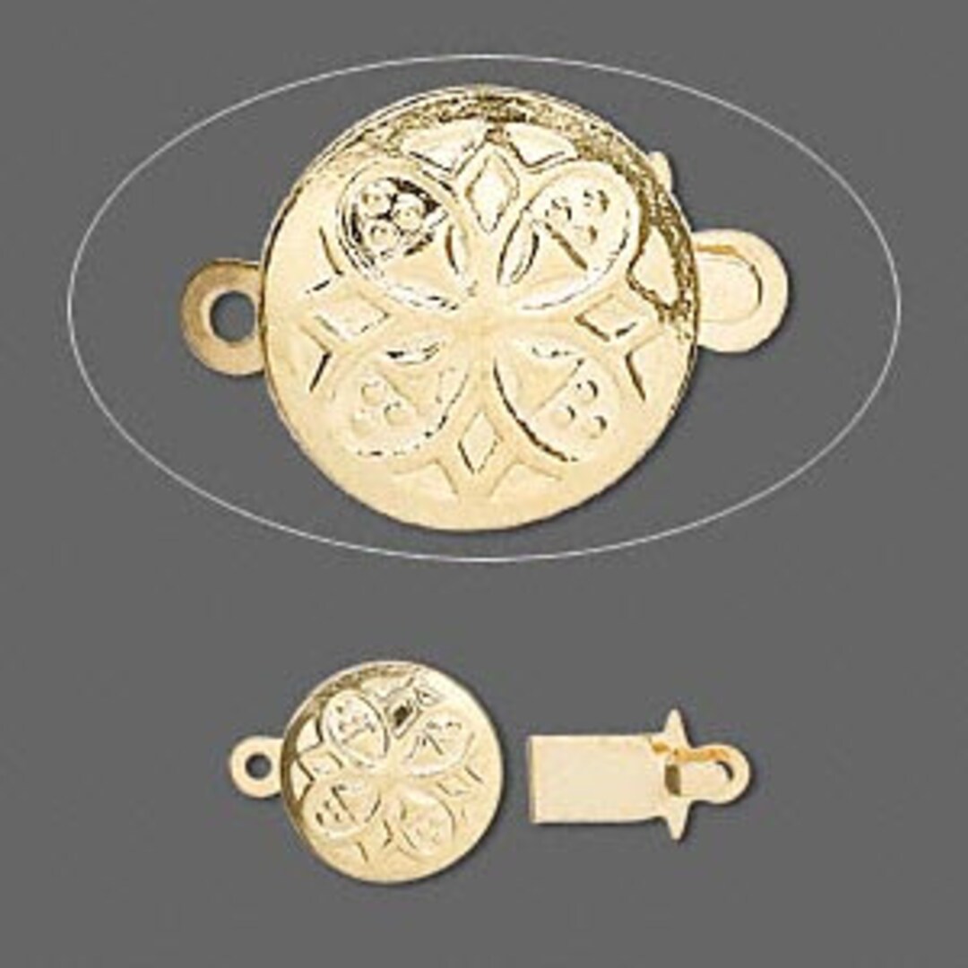 Clasp, Tab, Gold-plated Brass, 10mm Round With Flower Design. Sold Pack ...