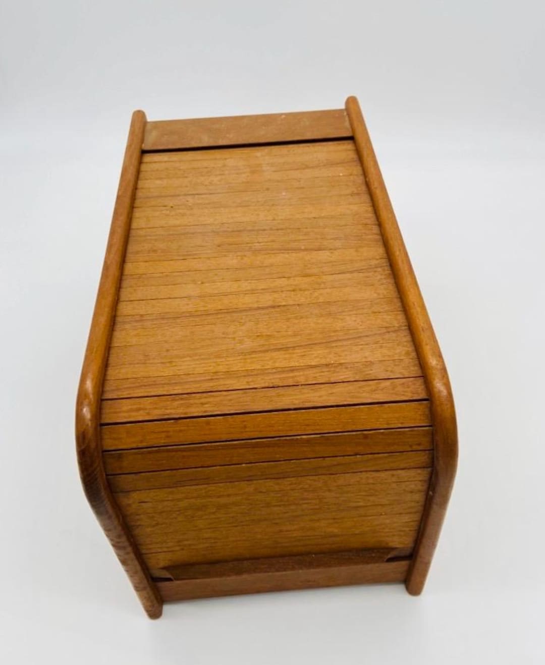 Teak Tambour Roll Top Storage Box Desk Top Organizer With Divided ...