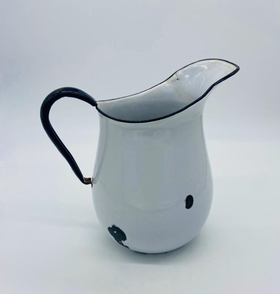 Vintage White Enamelware Pitcher With Black Handle Farmhouse Country ...