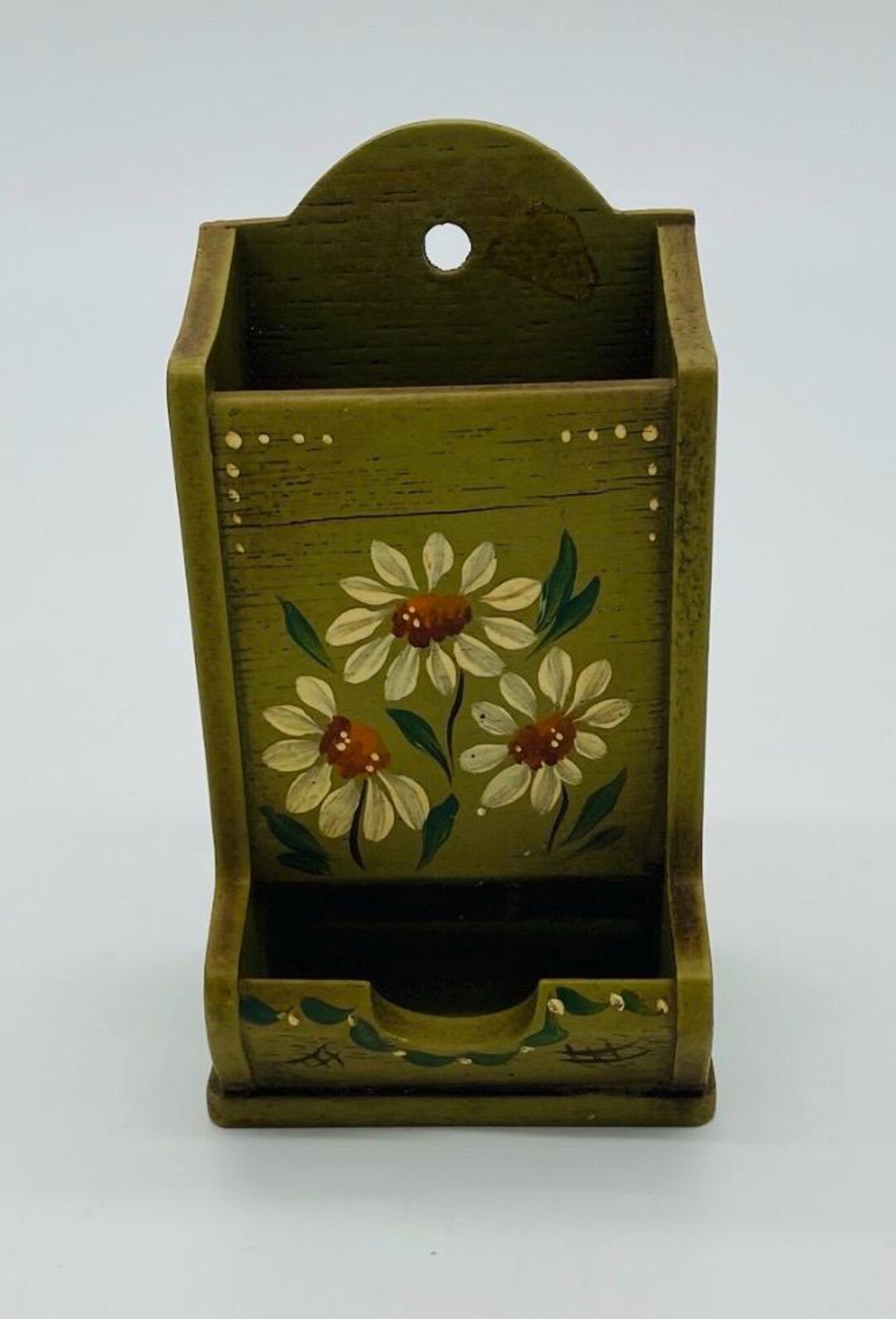Vintage Antique Wooden Kitchen Wall Matchbox Holder Hand Painted Floral ...