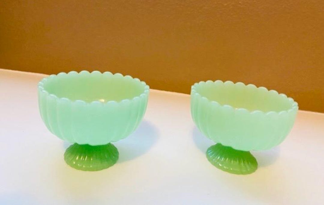 Green Jadeite Glass Sundae Dish: Scalloped Pedestal, Cottagecore Style ...