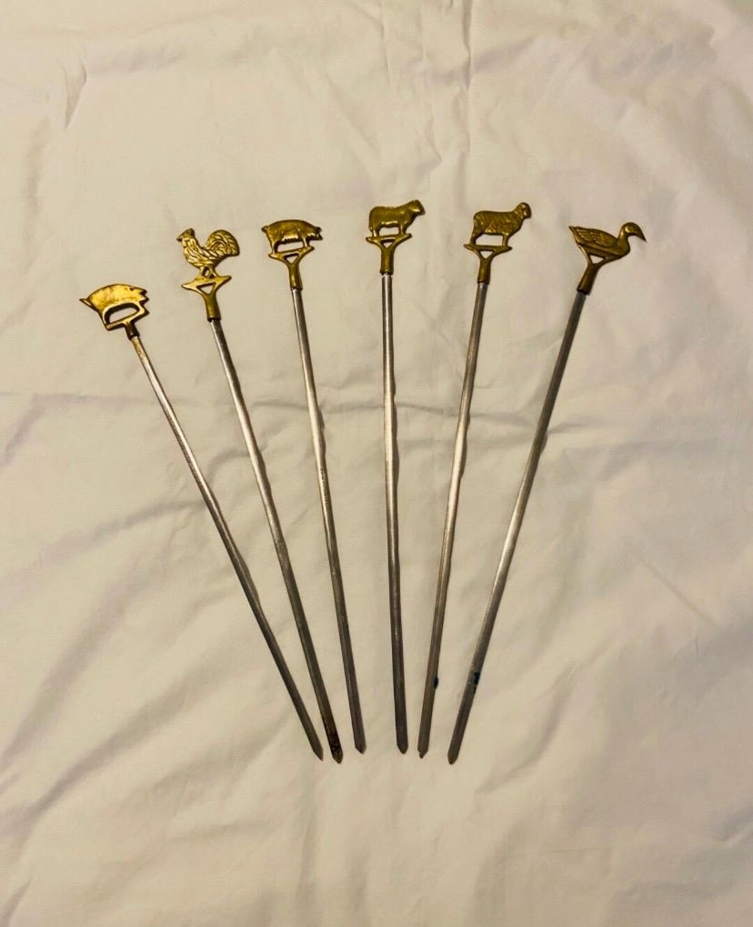 Vintage Set 6 Brass Animal Topped Stainless Steel BBQ Kebob Skewers Cow ...