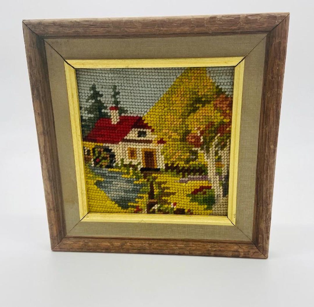 Country Farm Scenery Needlepoint Picture Vintage Farmhouse Rustic ...